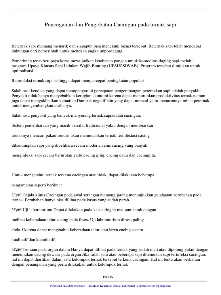 Pencegahan Dan Pengobatan Cacingan Pada Ternak Sapi: Page 1/2 | PDF