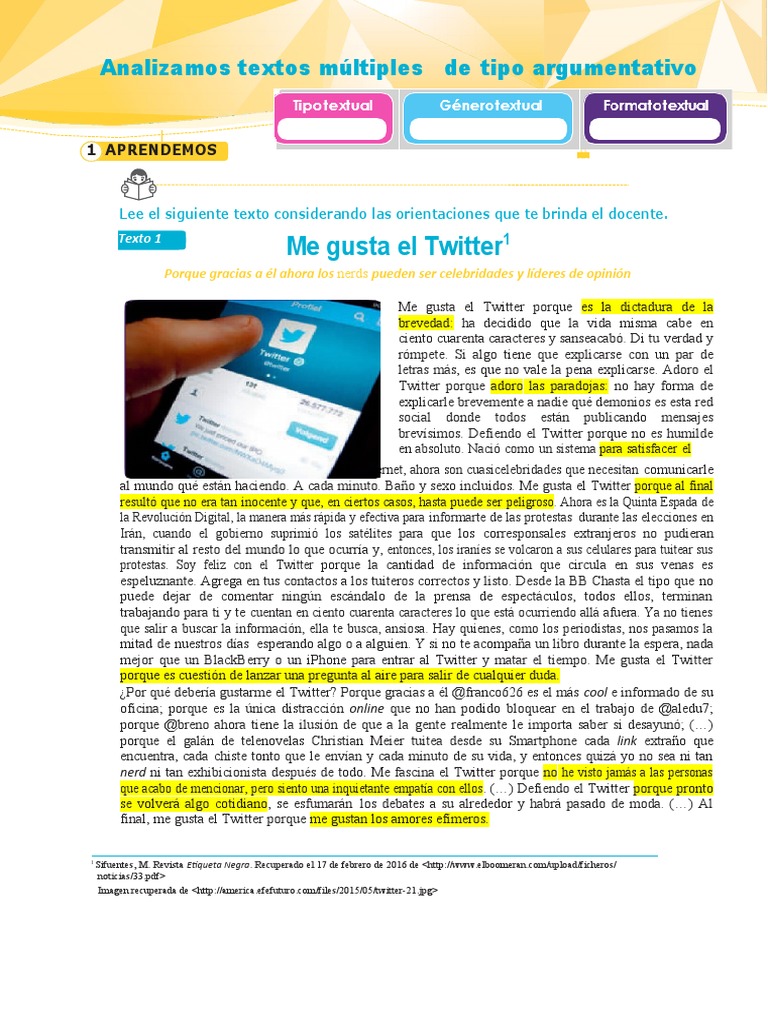 Me Gusta El Twitter: Analizamos Textos Múltiples de Tipo Argumentativo | PDF | Comunicación