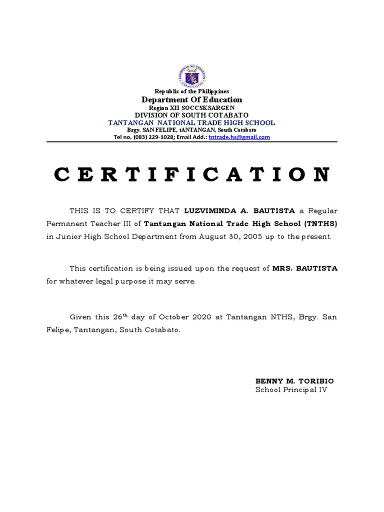 Certificate of Employment For Teachers | PDF