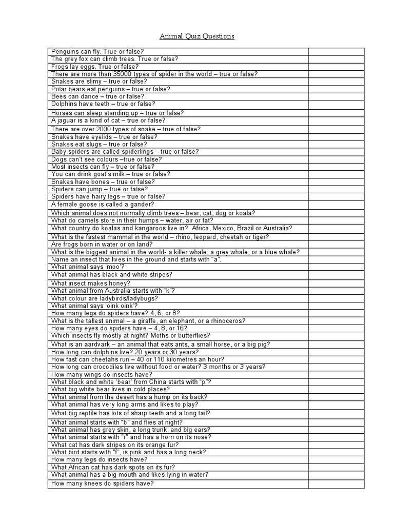 Testing Animal Knowledge: Answers to a Comprehensive True or False ...