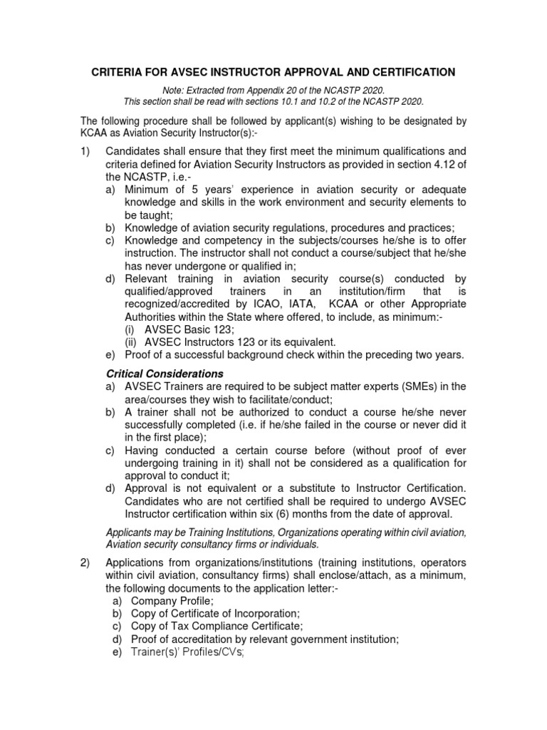 Criteria For Avsec Instructor Approval and Certification | PDF | Personal Trainer | Certification