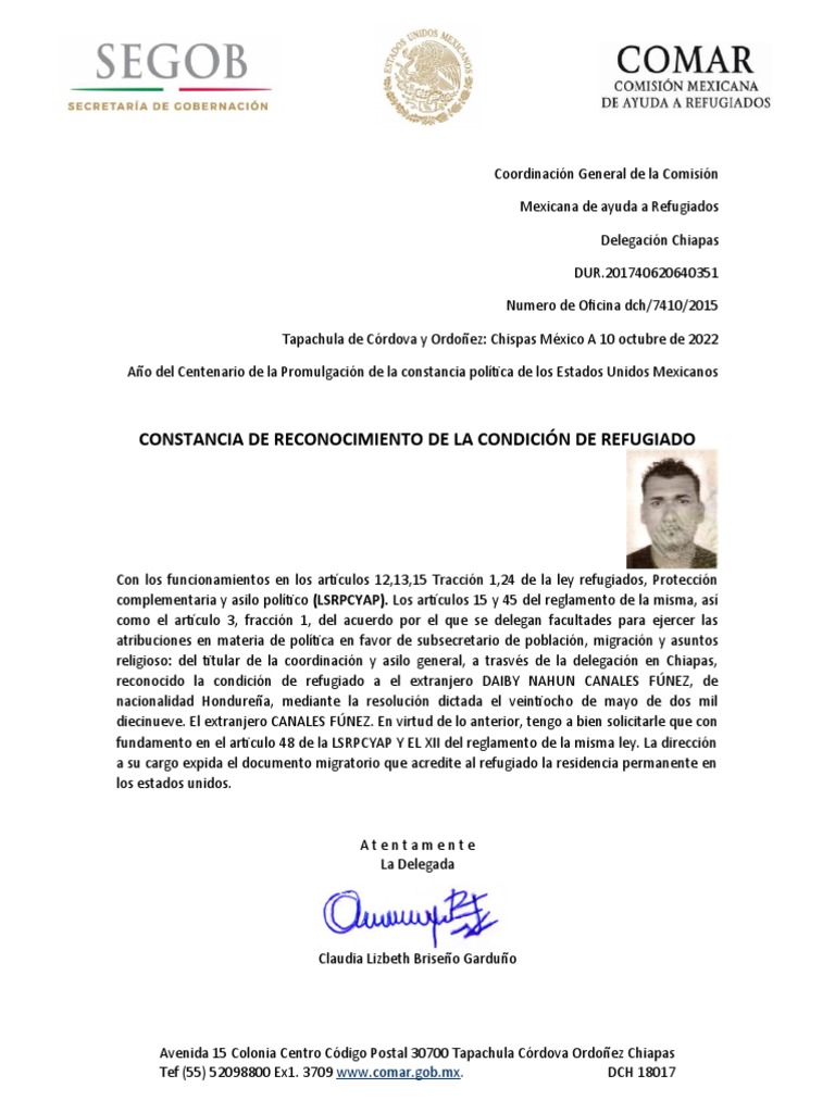 Constancia de Reconocimiento de Refugiado | PDF | Política | Religión y ...