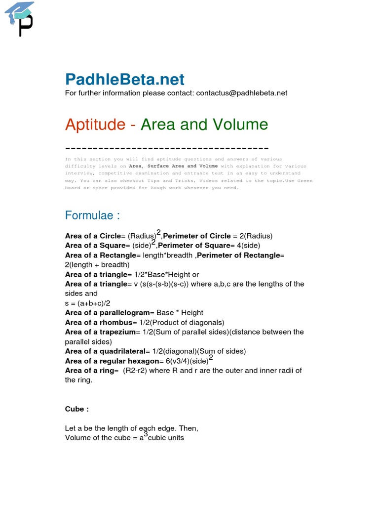 Aptitude Area and Volume | PDF | Sphere | Volume