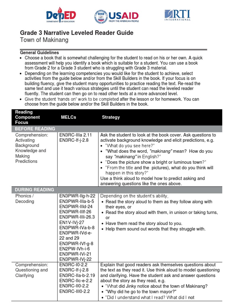 Grade 3 English Q1.2 Teacher Guide Town of Makinang | PDF | Reading ...