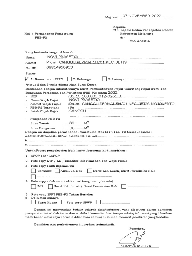 PERMOHONAN PEMBETULAN SPPT PBB-P2 | PDF
