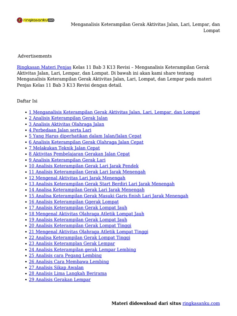 Menganalisis Keterampilan Gerak Aktivitas Jalan, Lari, Lempar, Dan Lompat | PDF