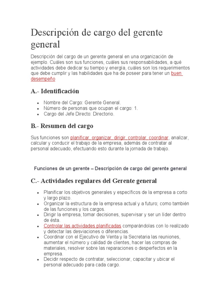 Descripción de cargo del gerente general | PDF | Planificación | Business