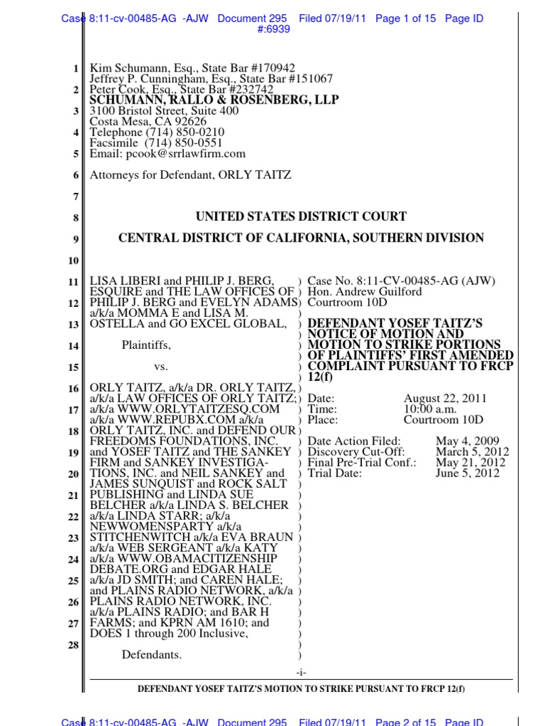 Schumann, Rallo & Rosenberg, LLP: Defendant Yosef Taitz'S Motion To ...
