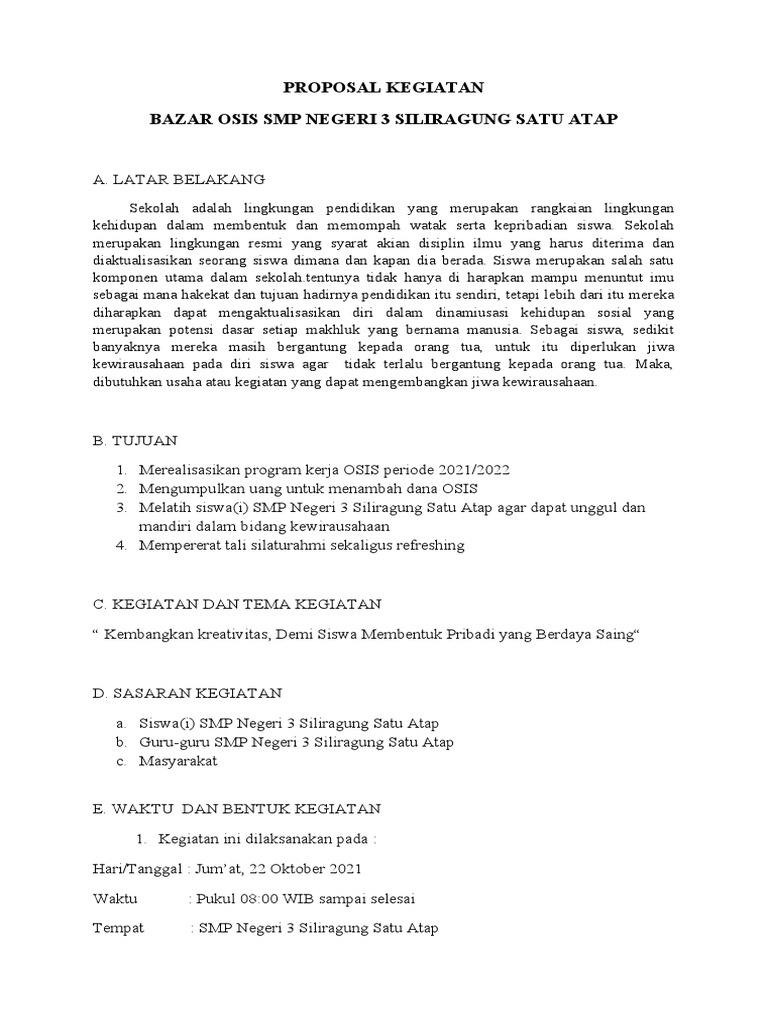 Proposal Bazar OSIS SMP Negeri 3 | PDF