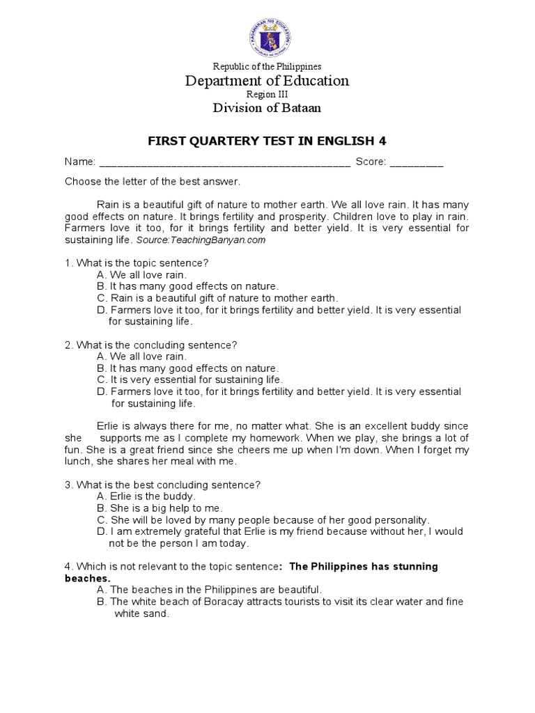 First Periodical Test - ENGLISH 4 | PDF