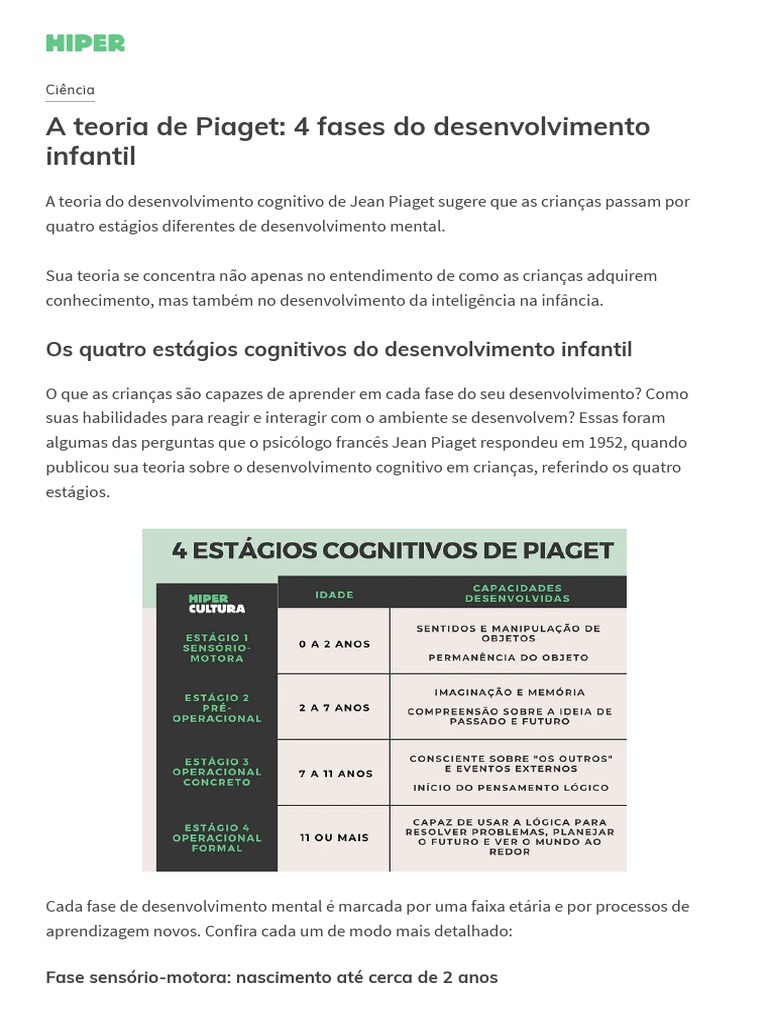 A Teoria de Piaget - 4 Fases Do Desenvolvimento Infantil - HiperCultura OK | PDF | Pensamento ...