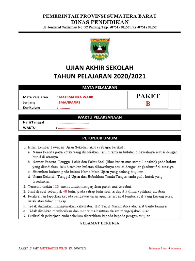 Soal Mat Wajib Uas Paket B (Meldarlis) | PDF