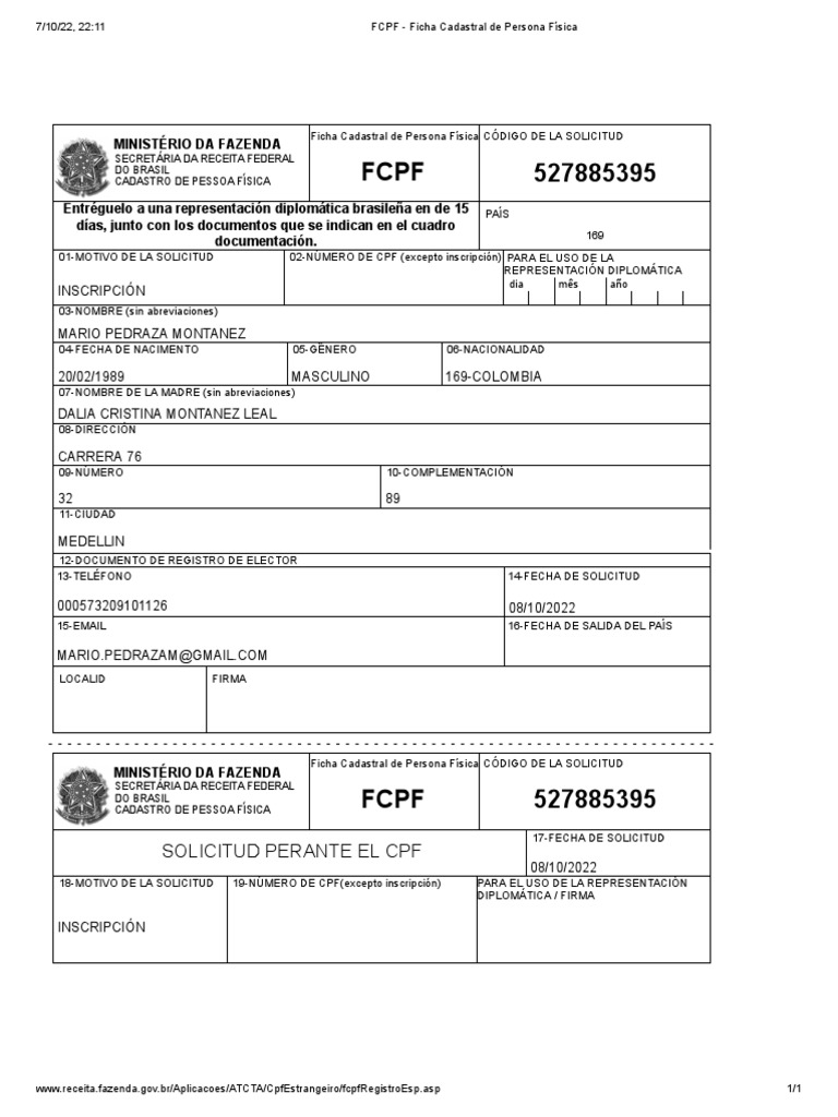 Solicitud de inscripción en el Registro Tributario Federal de Brasil (CPF) | PDF