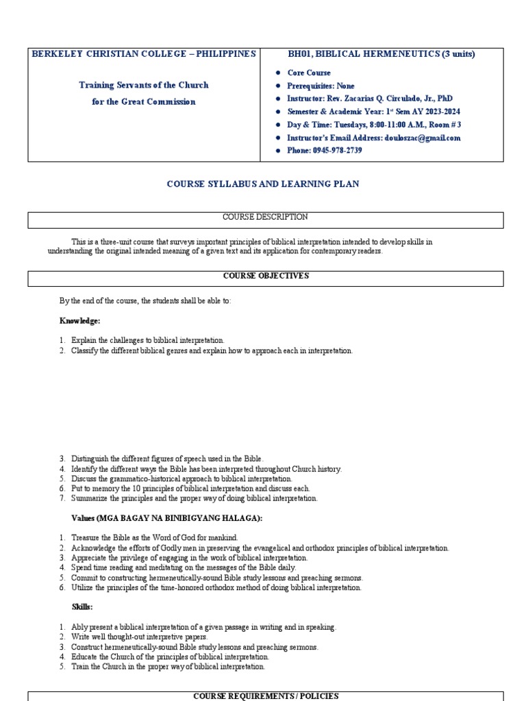 CHED Course Syllabus BIBLICAL HERMENEUTICS | PDF | Bible | Lecture