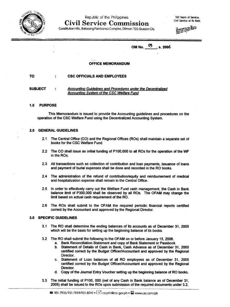 Office Memorandum 005 S. 2006 Welfare Fund Decentralized Accounting System | PDF