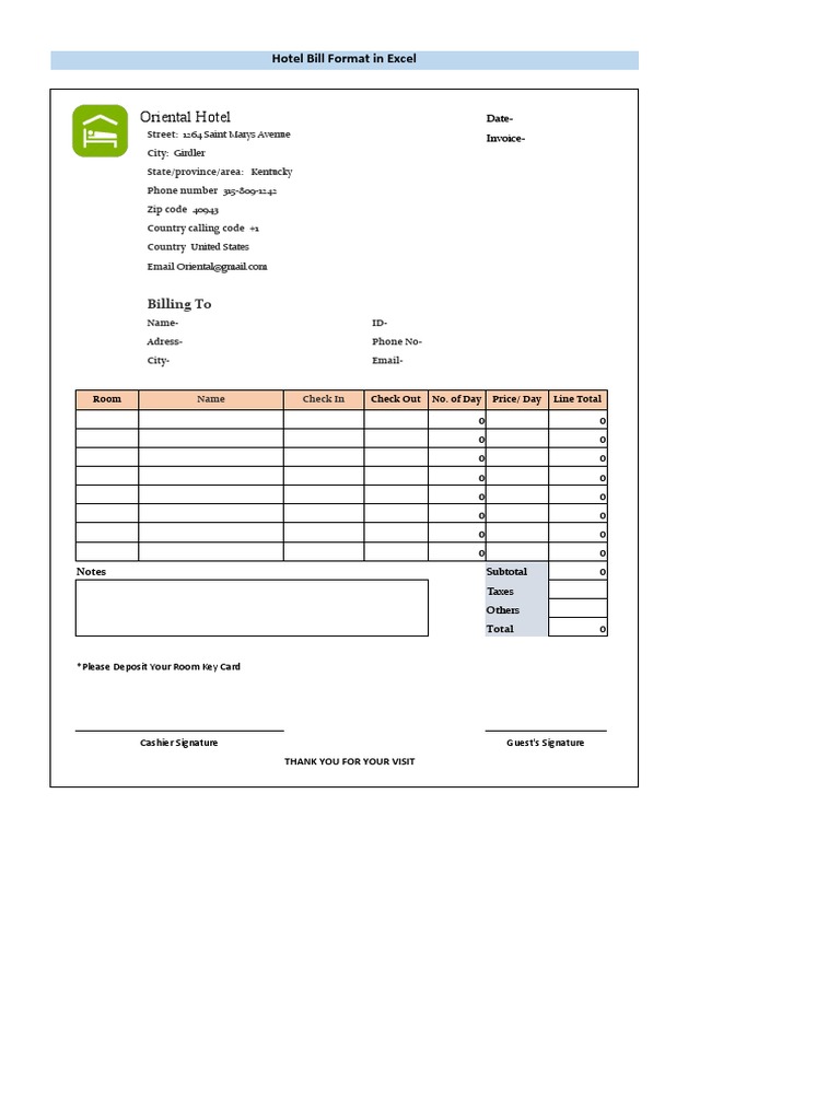 Hotel Bill Format in Excel | PDF
