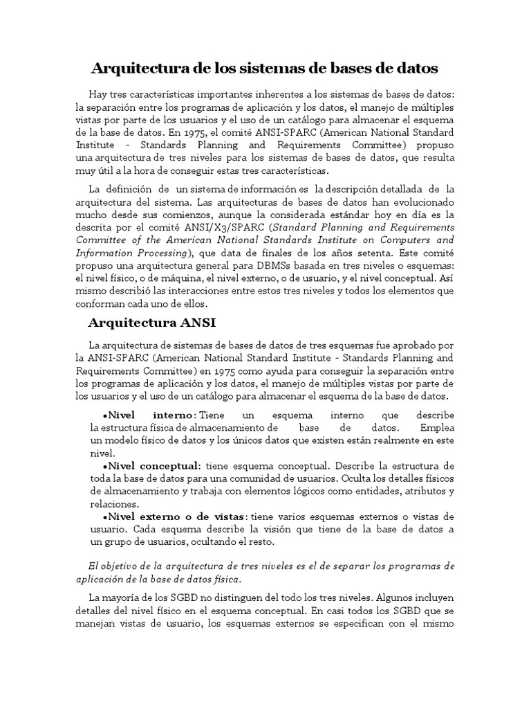 Arquitectura de Los Sistemas de Bases de Datos 1 | PDF | Bases de datos | Ingeniería de software