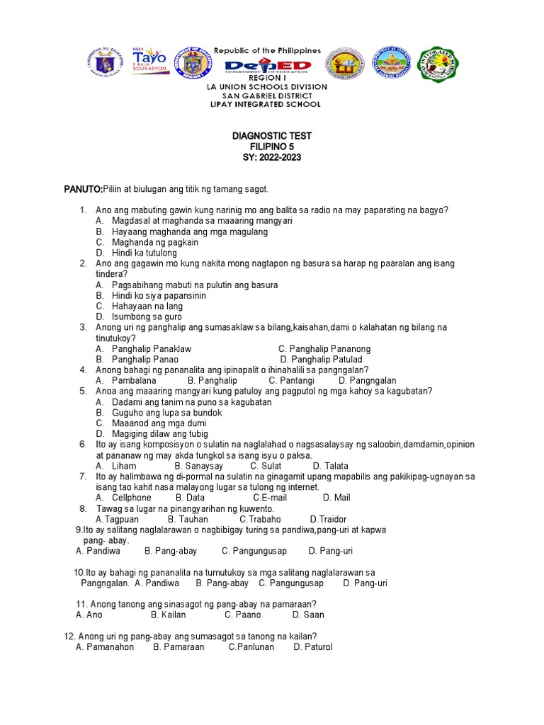 DIAGNOSTIC TEST in FILIPINO 52022 2023 | PDF