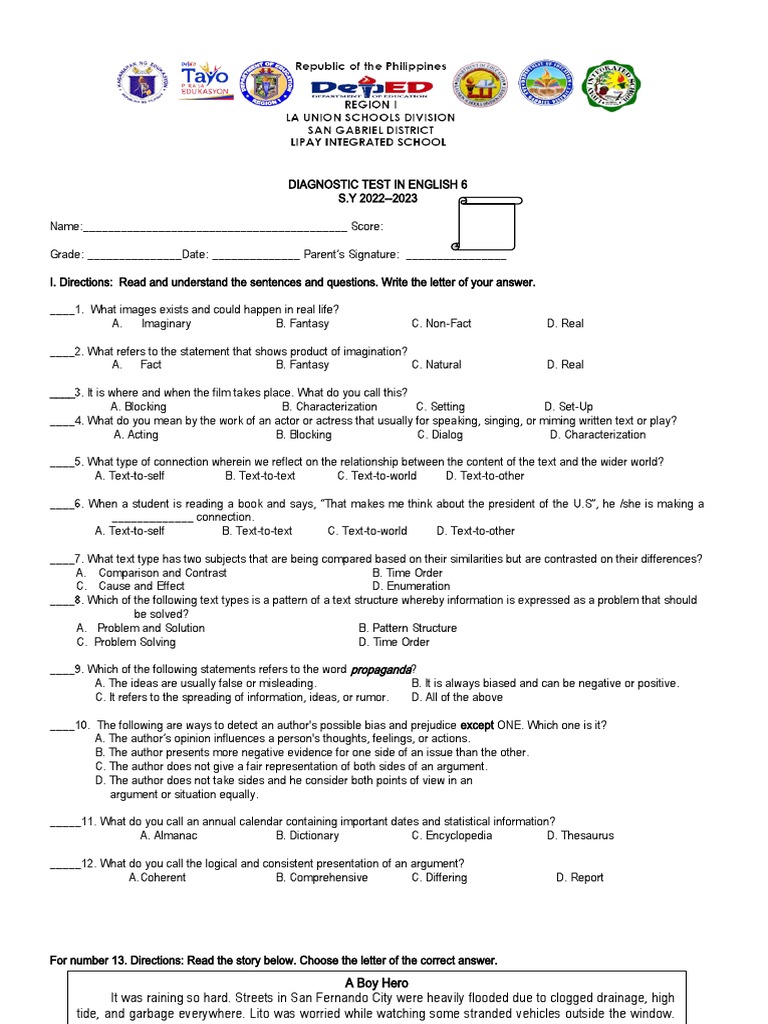 English 6 Diagnostic Test With Tos Answer Key (Autorecovered) | PDF | Virus