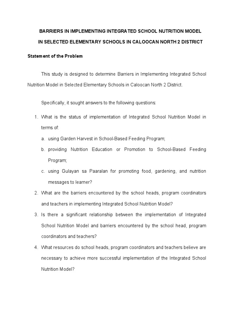 Barriers in Implementing Integrated School Nutrition Model in Selected ...