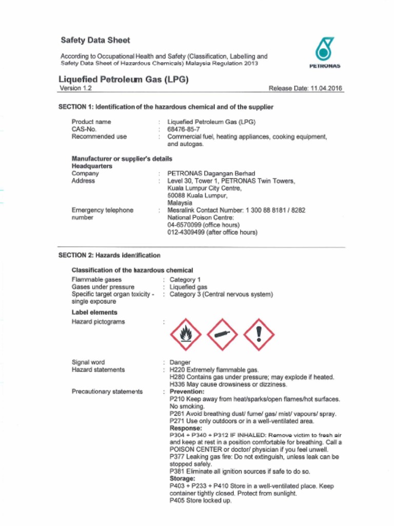 Safety Data Sheet - Combined - LPG (Gas Malaysia) | PDF