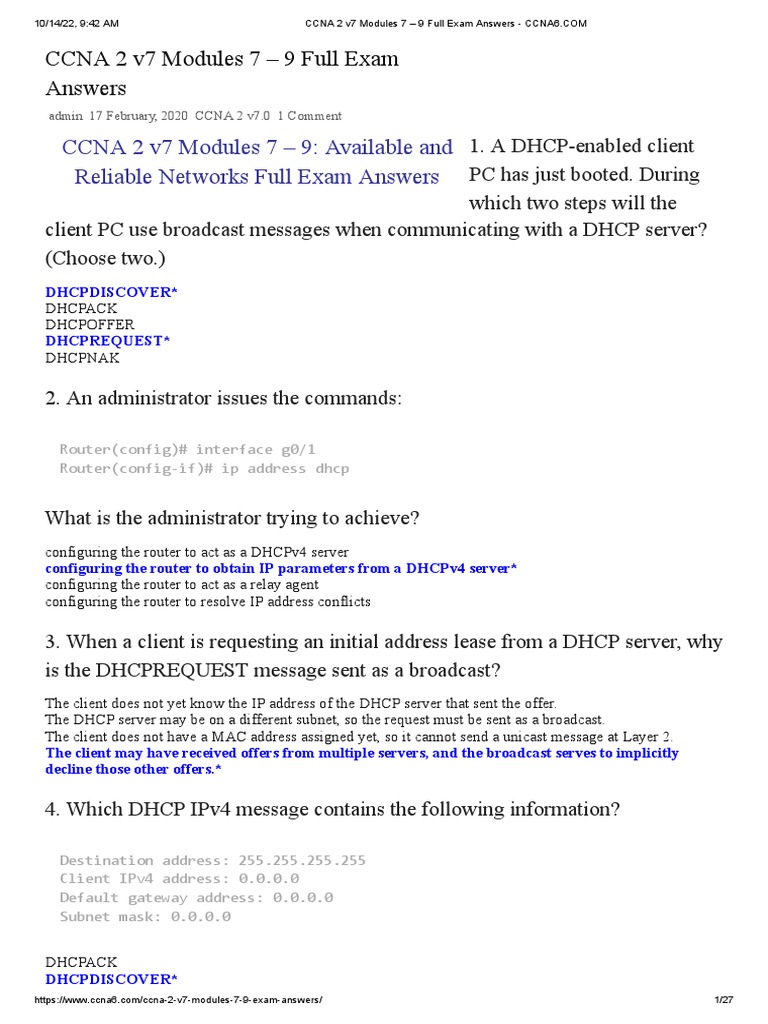 CCNA 2 v7 Modules 7 - 9 Full Exam Answers | PDF | Ip Address | I Pv6