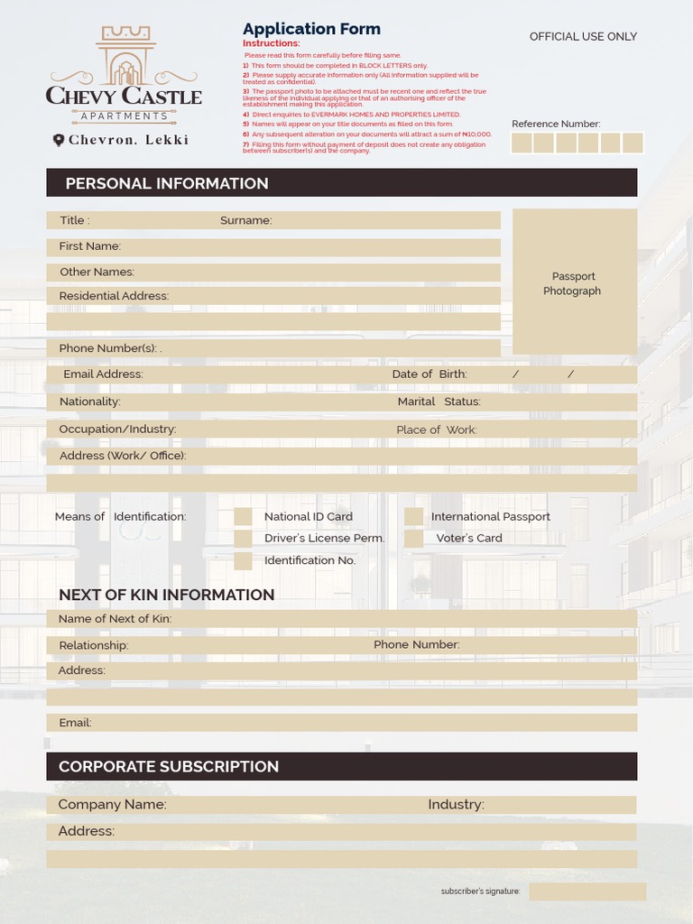 Chevy Castle Apartment Application Form | PDF | Identity Document | Fee