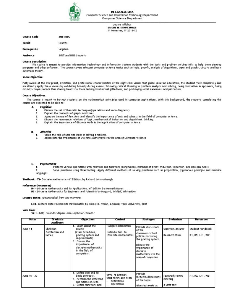 Distruc Dismath Syllabus | PDF | Discrete Mathematics | Logic