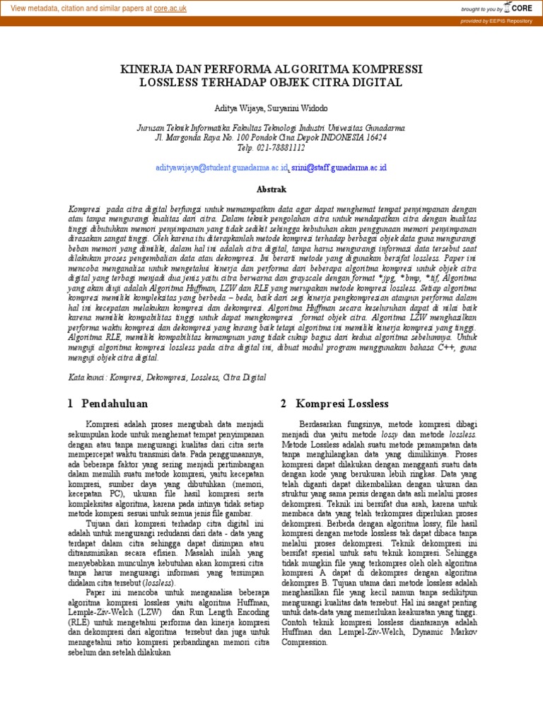 Kinerja Dan Performa Algoritma Kompressi Lossless Terhadap Objek Citra Digital | PDF