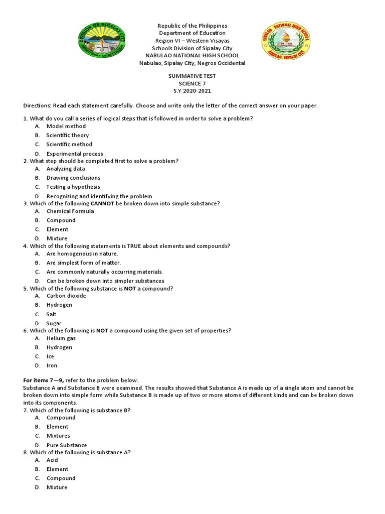 Grade 7 Science Quarter 1 Test | PDF | Mixture | Chemical Substances