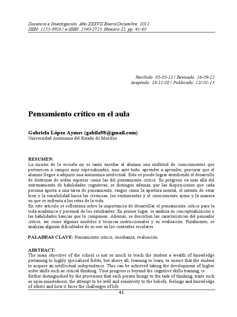 Desarrollo del Pensamiento Crítico Escolar | PDF | Pensamiento ...