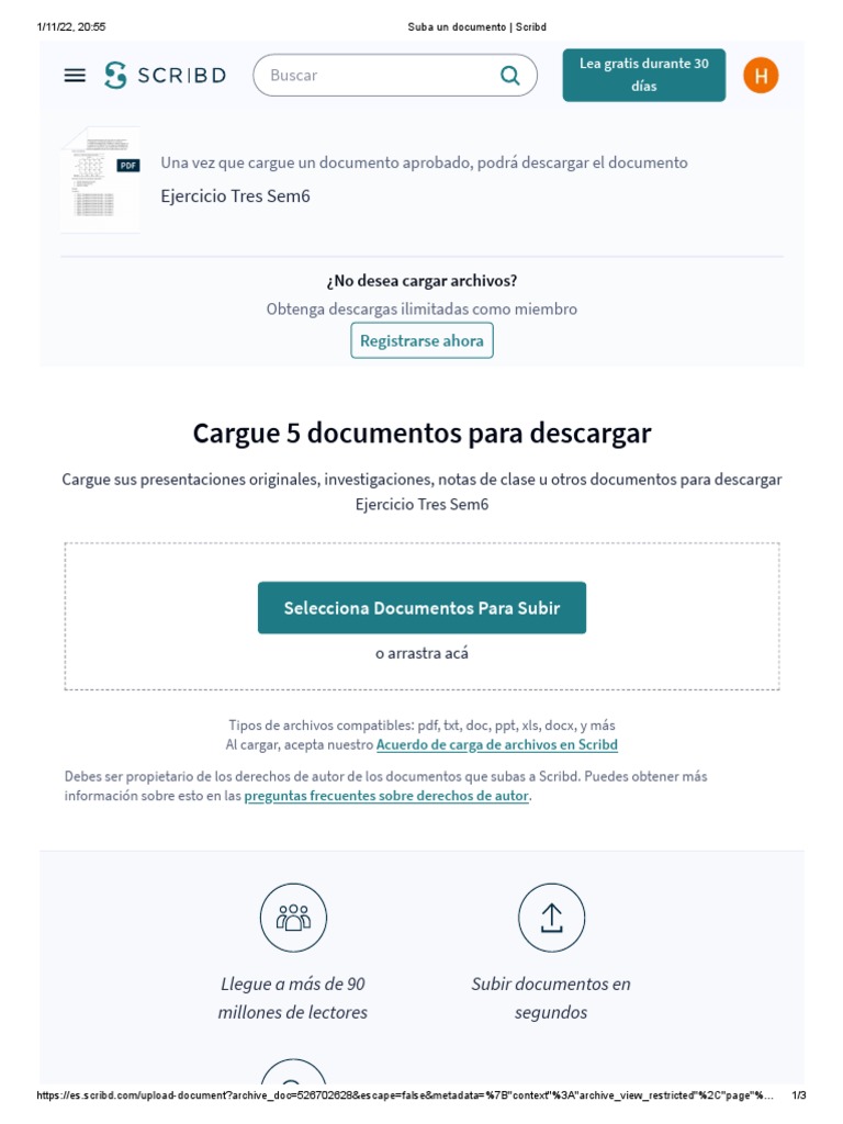 Cargue 5 Documentos para Descargar: Ejercicio Tres Sem6 | PDF | Scribd | Sitios web