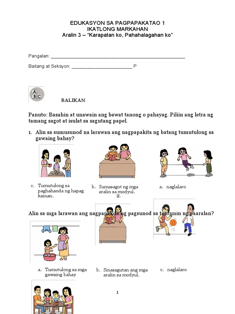 Cot 2 Worksheet Final - Grade 1 Apuyan | PDF