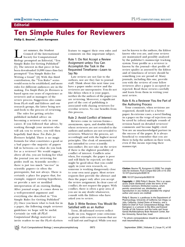 Bourne & Korngreen, 2006. Ten Simple Rules For Reviewers | PDF | Anonymity