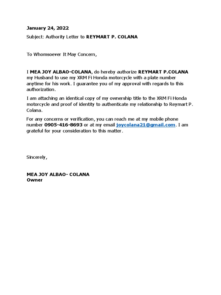 Authorization Letter For My Motorcycle | PDF