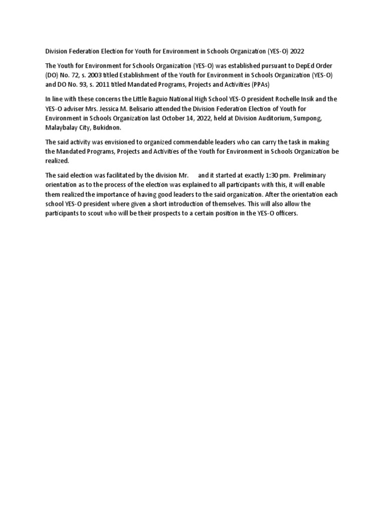 Narrative Report On The Yes-O Division Federation Election | PDF