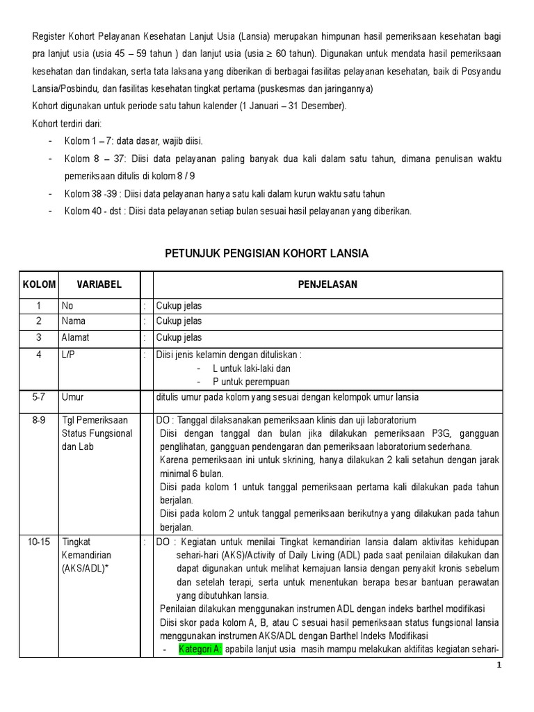 Petunjuk Pengisian Kohort Lansia | PDF