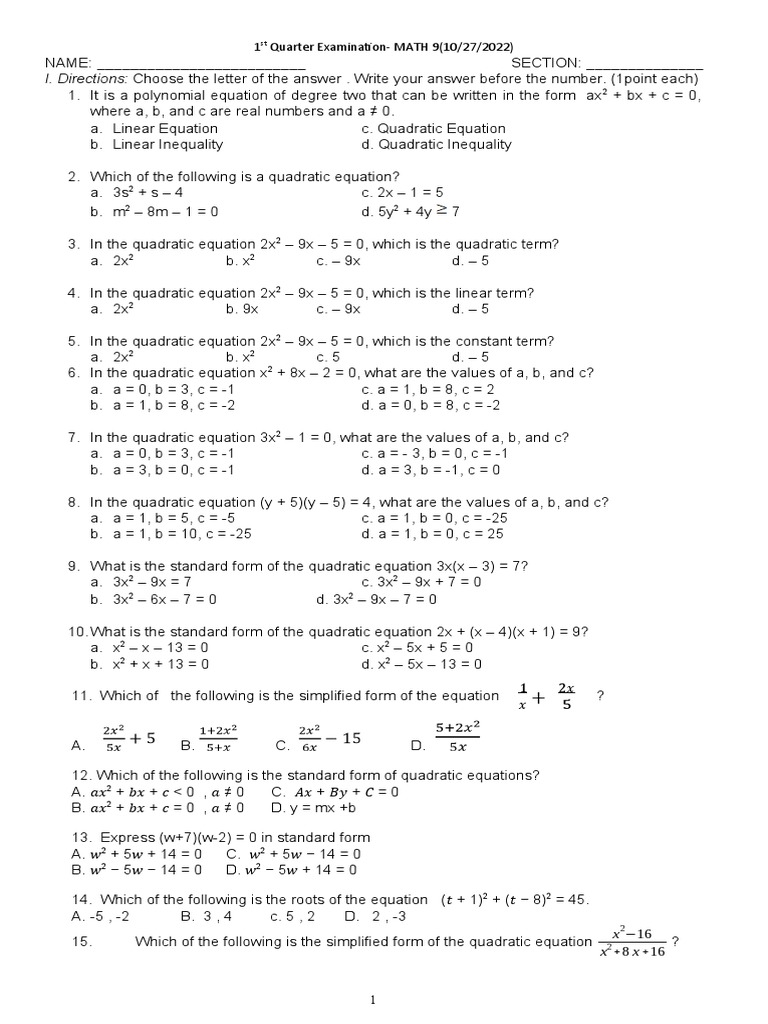 Math 9 1st Quarter Exam | PDF | Equations | Quadratic Equation
