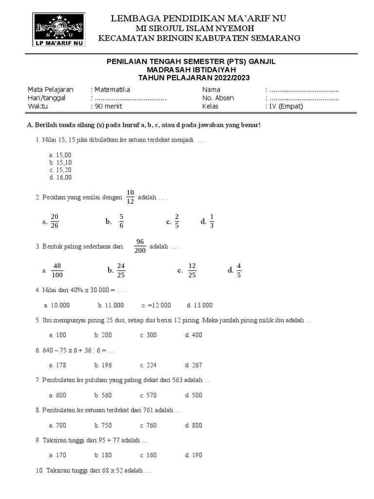 Soal PTS Matematika Kelas 4 Sem 1 | PDF