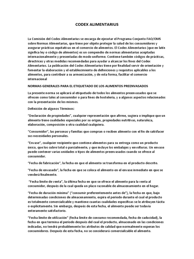 Codex Alimentarius Resumen | PDF | Alimentos | Vino