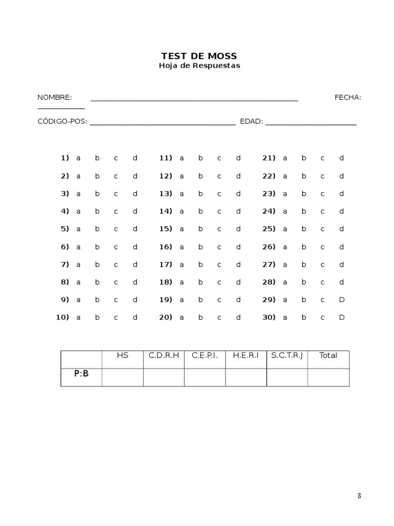 Hoja de Respuestas del Test de MOSS | PDF | Métodos y materiales de ...