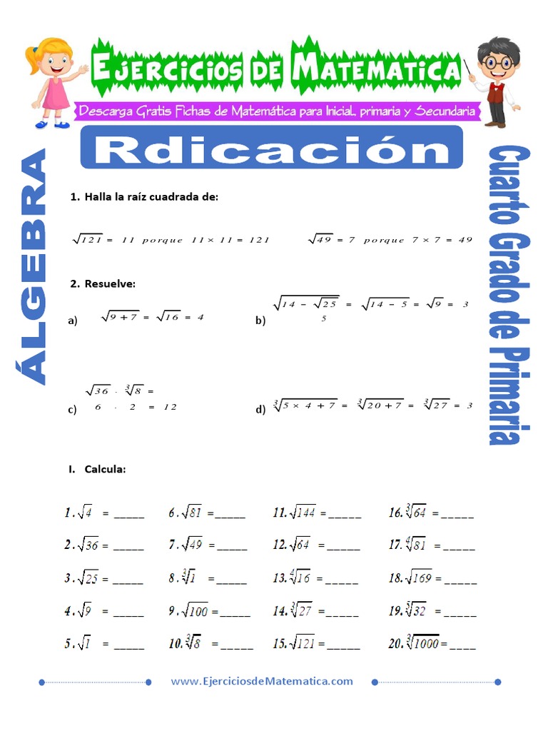Ejercicios de Radicacion para Cuarto de Primaria | PDF | Matemáticas | Matemática Elemental