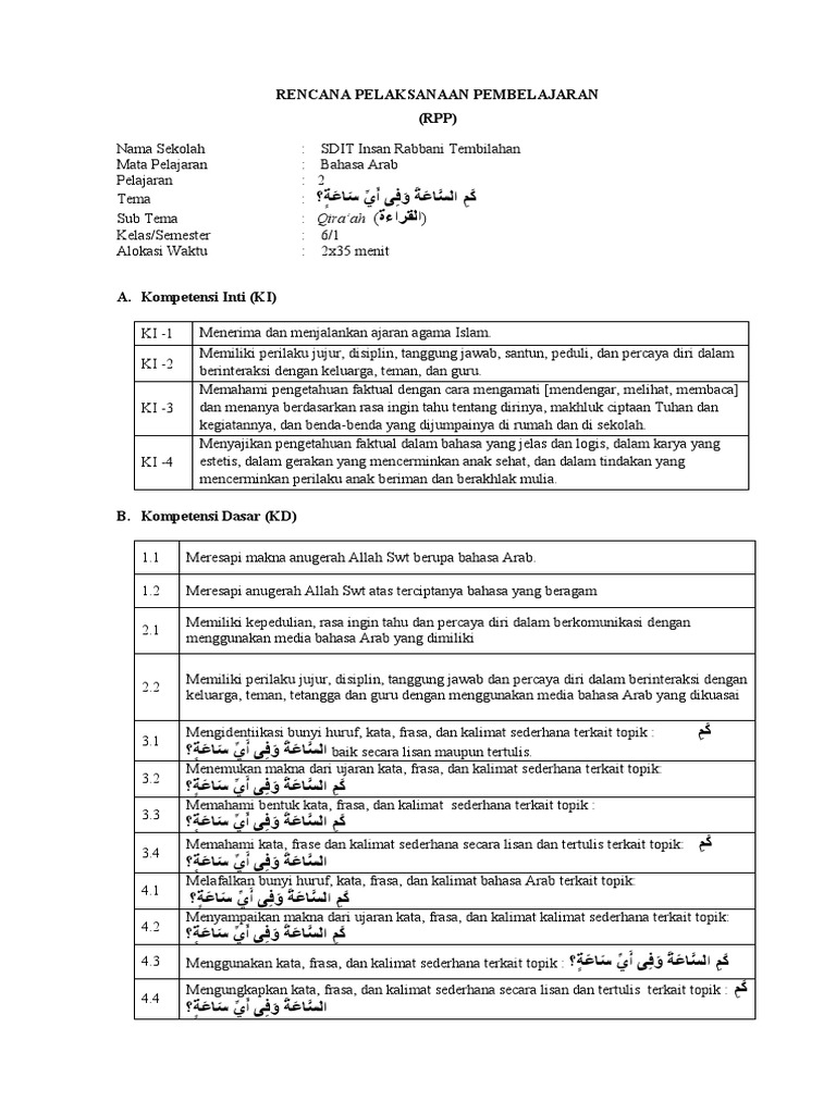 RPP Bahasa Arab Kelas 6 Semester 1 Tema 2 | PDF