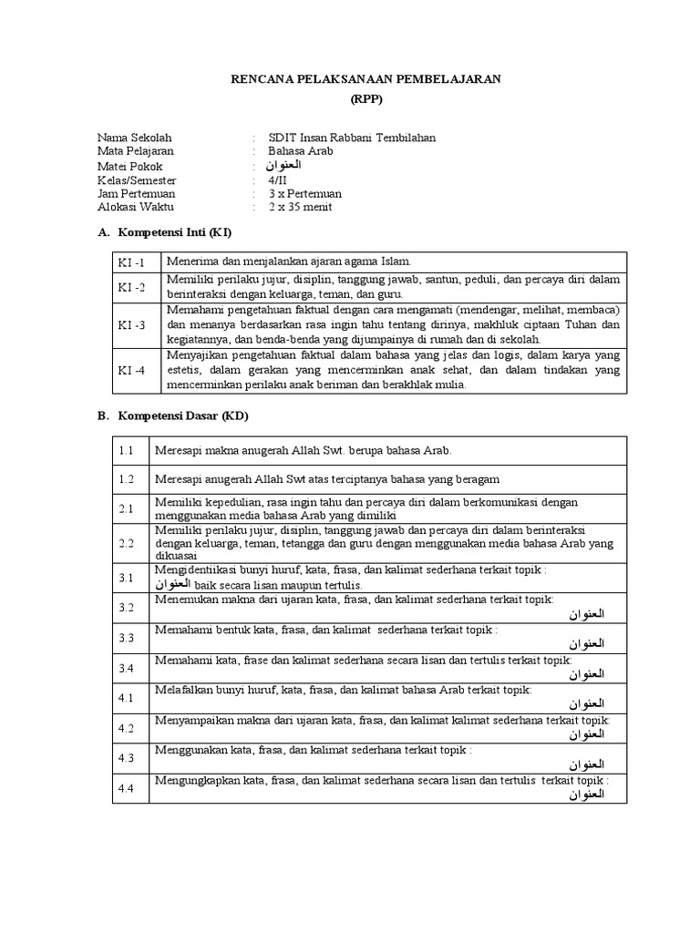 RPP Bahasa Arab Kelas 6 Semester 1 Tema 1 | PDF | Seni & Disiplin Bahasa | Kajian Bahasa Asing