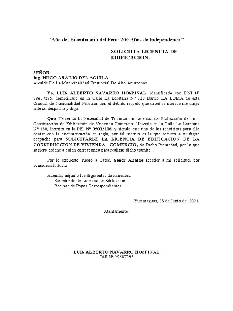 Solicitud de Licencia Edificacion, Zonificacion y Numeracion de Puerta | PDF | Gobierno ...