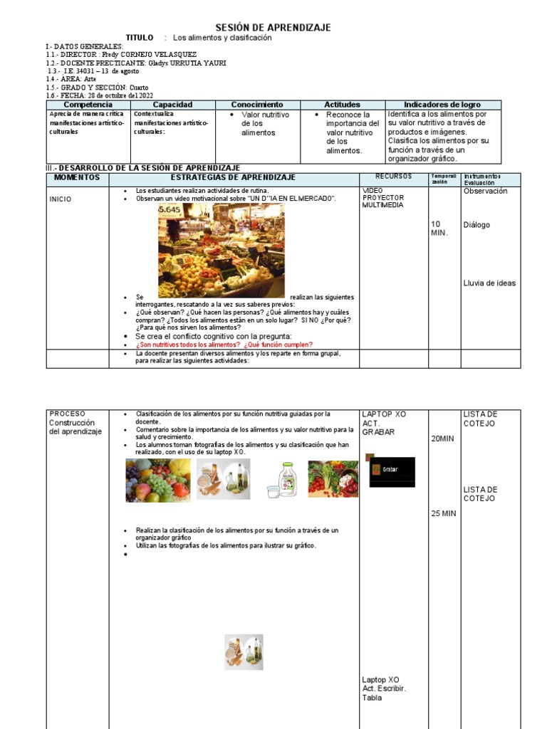 Arte Sesion-De-Aprendizaje-4t0-Grado-Los-Alimentos | PDF | Aprendizaje | Modificación de ...