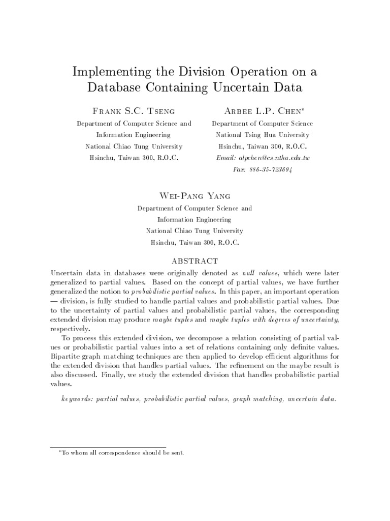 Implementing The Division Operation On A Database Containing Uncertain ...