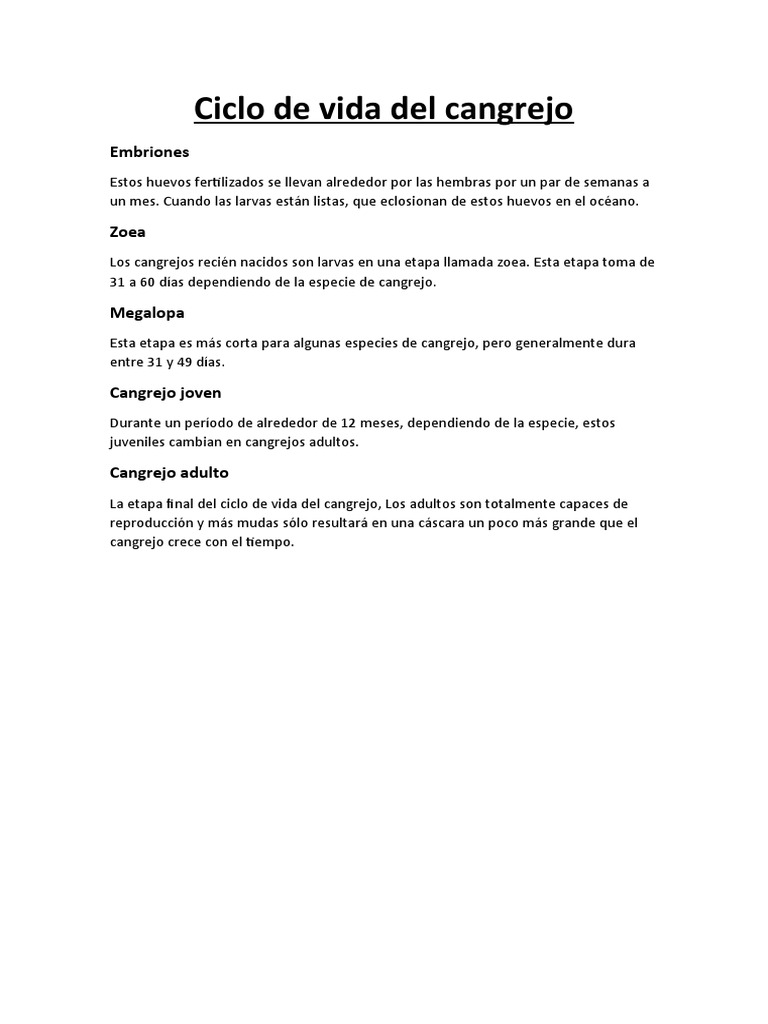 Ciclo de Vida Del Cangrejo | PDF