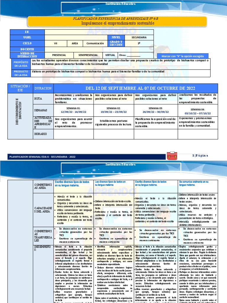 3º Planificador Semanal-Eda 6 - Sec 2022 | PDF | Aprendizaje | Iniciativa empresarial