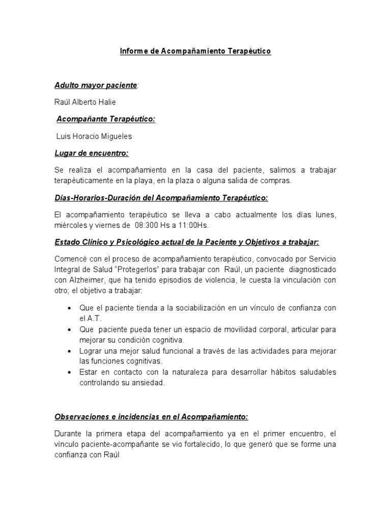 Informe de Acompañamiento Terapéutico Raul | PDF | Esquizofrenia ... Informe de Acompañamiento Terapéutico Raul | PDF | Esquizofrenia ...